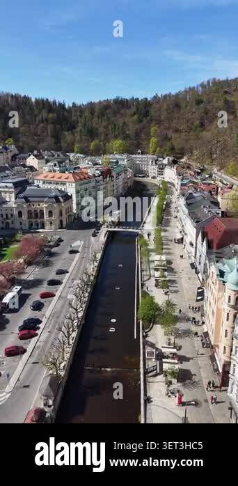 An aerial view of the historic spa town of Karlovy Vary with its ornate ...