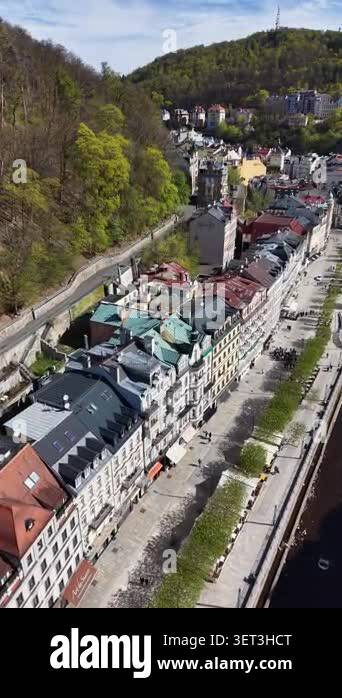 An aerial view of the historic spa town of Karlovy Vary with its ornate ...
