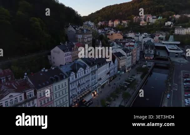 An aerial view of the historic spa town of Karlovy Vary with its ornate ...