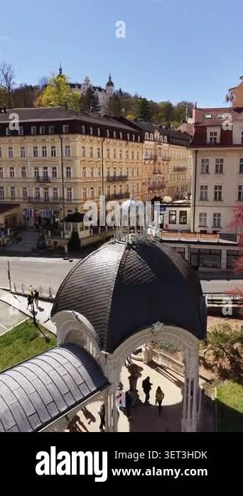 An aerial view of the historic spa town of Karlovy Vary with its ornate ...