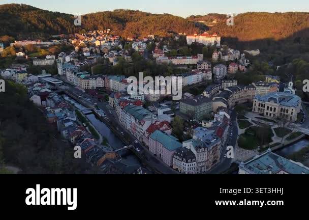 An aerial view of the historic spa town of Karlovy Vary with its ornate ...
