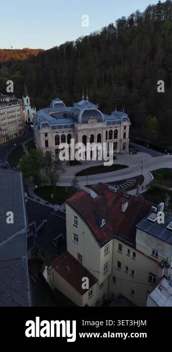 An aerial view of the historic spa town of Karlovy Vary with its ornate ...