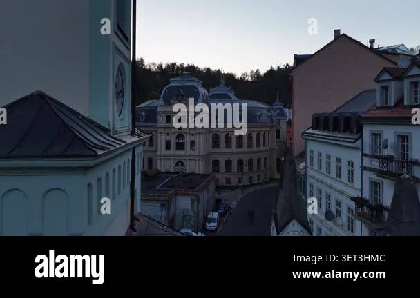 An aerial view of the historic spa town of Karlovy Vary with its ornate ...