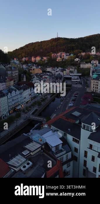 An aerial view of the historic spa town of Karlovy Vary with its ornate ...