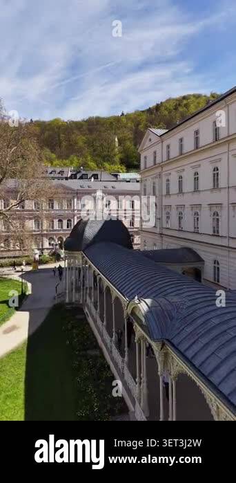 An aerial view of the historic spa colonnade with its rows of columns ...