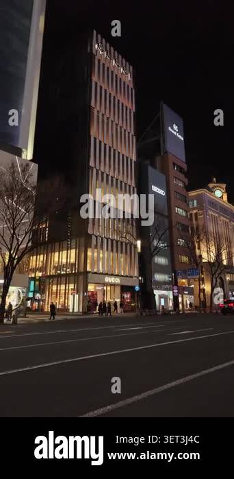 GINZA, JAPAN - MARCH 2, 2026: Illuminated luxury fashion boutiques and ...