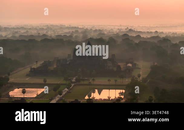 Aerial Drone view of the Majestic Angkor Wat temple complex in cambodia ...