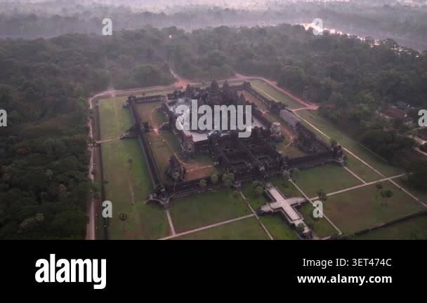 Aerial Drone view of the Majestic Angkor Wat temple complex in cambodia ...