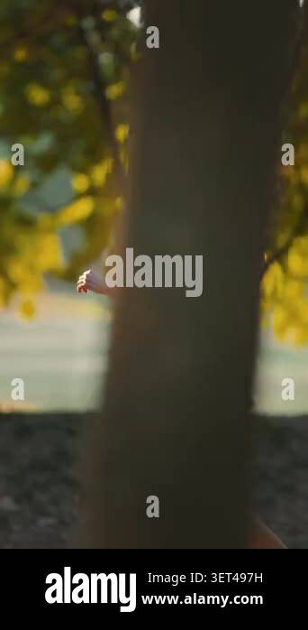 Side view of a fit woman running in a public park with her hair blowing ...