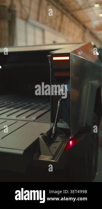 A close-up look at the new trucks features in a factory. The truck has ...