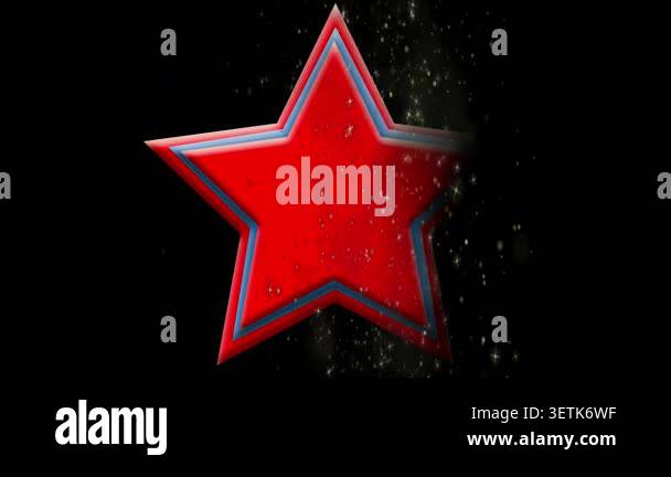 Red 3D star with gold shimmer and copy space on a black background .Red ...