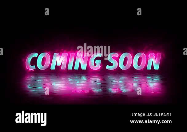 Coming soon neon text animation loop in pink smoke and cyan light ...