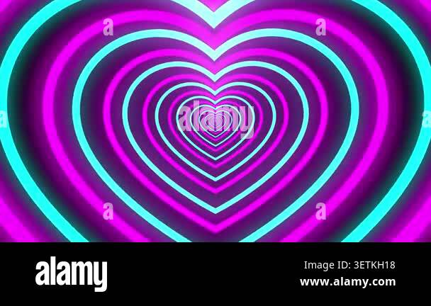 Romantic neon pink and blue hearts tunnel animation on black background ...