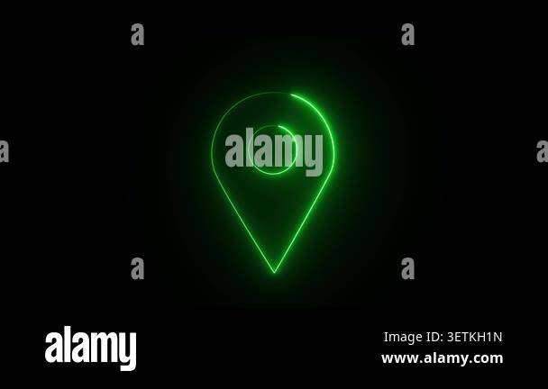 Green neon location pin marker animated loop glowing on a dark ...