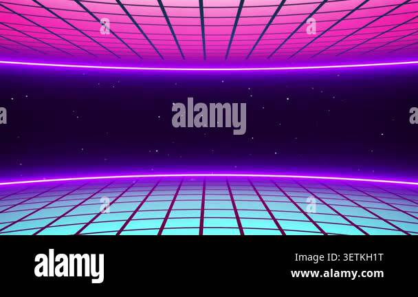 Abstract retro neon pink and blue grid background with shimmering ...