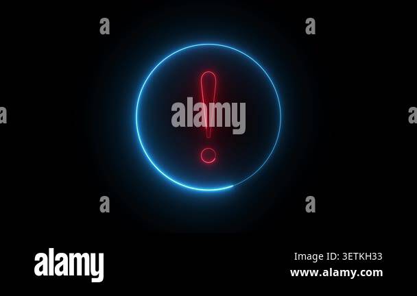 Neon exclamation mark icon, digital alert and warning symbol on dark ...