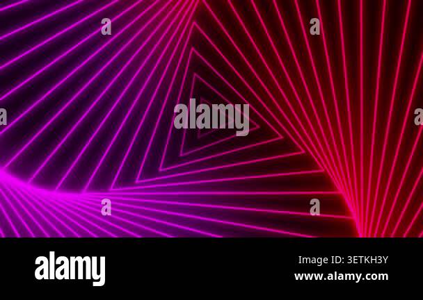 Vibrant neon triangular tunnel loop with glowing pink and red lines ...