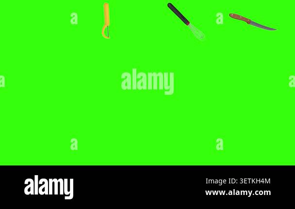 Collage of kitchen utensils falling against a vibrant green background ...