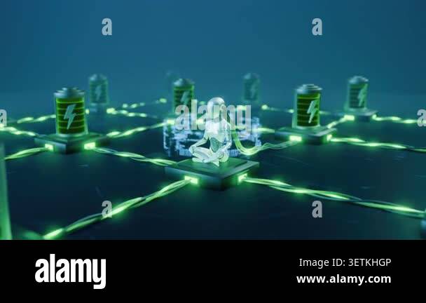 AI robot consumes high electric power in a glowing battery network ...