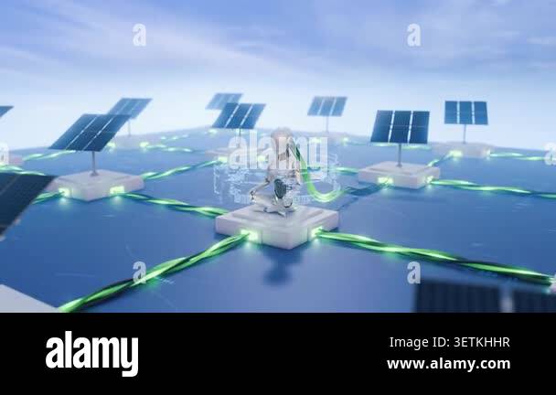 AI robot powered by electric energy sits in a smart solar grid ...
