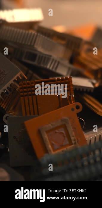 Stack Of Chips And Heatsinks Closeup, Warm Cinematic Lighting On Pile ...