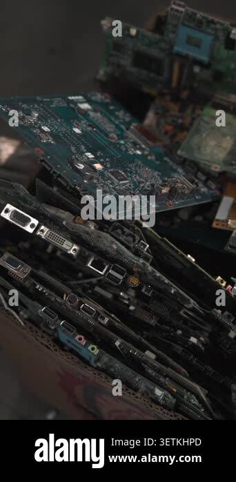 Stacked Circuit Boards In Scrap Box, Green PCBs And Gold Traces Visible ...