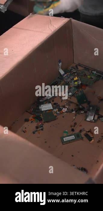 Worker Hands Dropping Circuit Pieces Into Cardboard Box, Gloved Manual ...