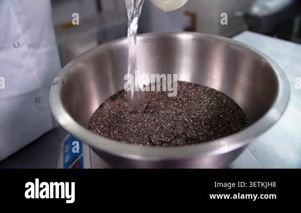 Chia seeds being soaked in water in a stainless steel bowl in kitchen ...
