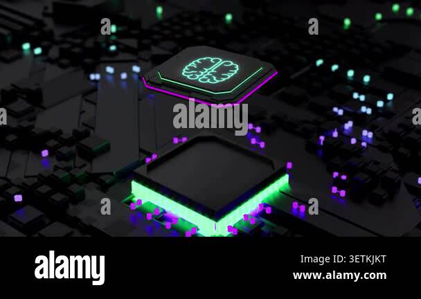 Glowing neon brain on microchip with green purple lights on circuit ...