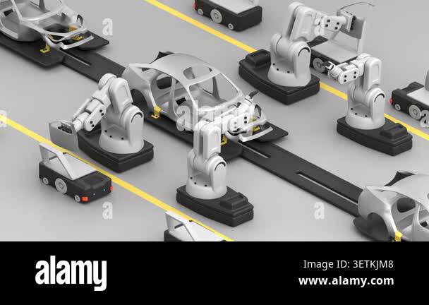 Assembly line concept. Stylized 3D animation of robots with suction ...