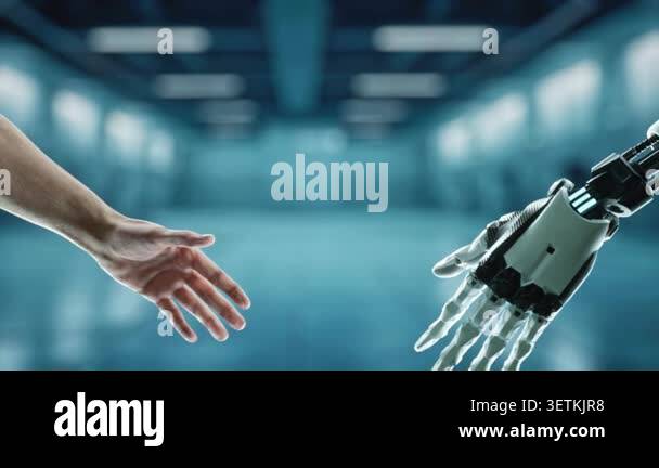 Hand of human and robot touching each other in blue room with lights ...