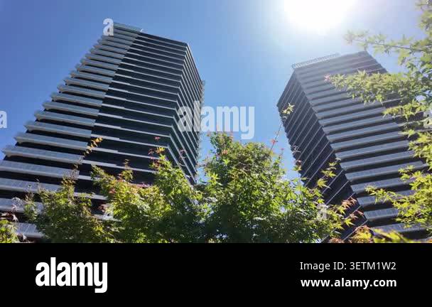 Low angle view of twin residential luxury buildings, lush green leaves ...