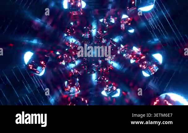 Futuristic spaceship corridor loop with flying tech cubes and bright ...