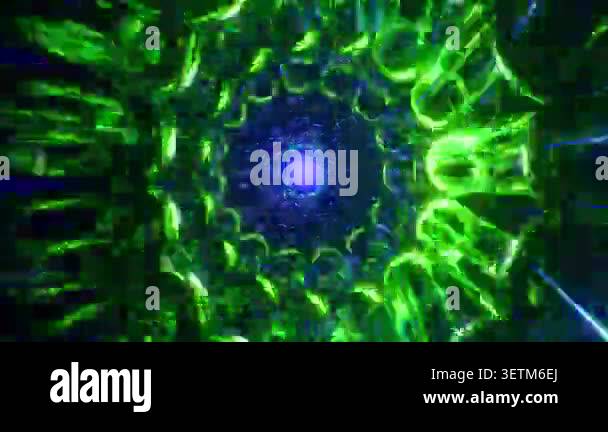 Seamless loop of a shiny green metallic tube tunnel leading to a ...