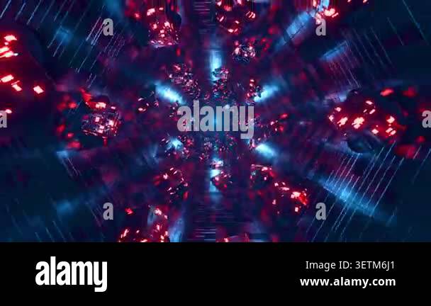 Dark cyber tunnel animation with red glowing cubes and blue tile lights ...
