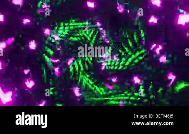 Abstract 3D animation of a swirling vortex filled with green metallic ...