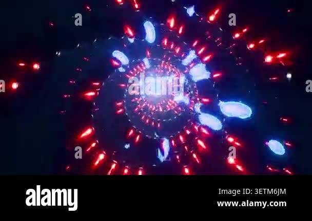 Abstract 3D animation of a futuristic spiral tunnel made of glowing red ...