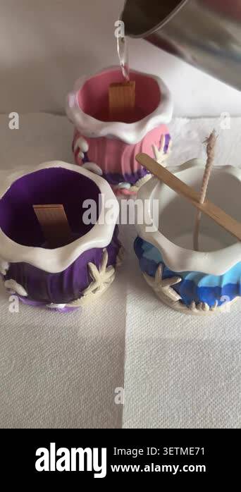 Candle Making Process Pouring Hot Liquid Wax into Colorful Handmade ...