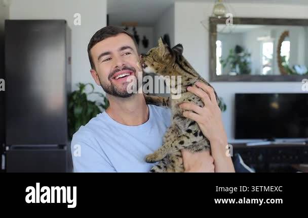 A man is holding a spotted cat, which is licking his face. The man is ...