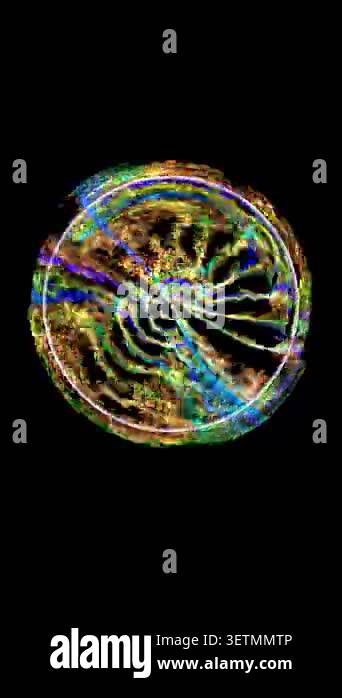 Multicolored round rotating glowing curved wave pattern on black ...