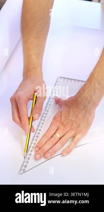 Male tailor using a pencil and a ruler to draw a clothing pattern on a ...