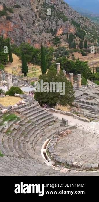 Panoramic view of the ancient theater and the ruins of the Temple of ...