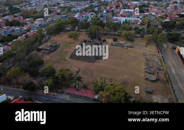 Aerial drone moves gently around the Teopanzolco archaeological zone in ...