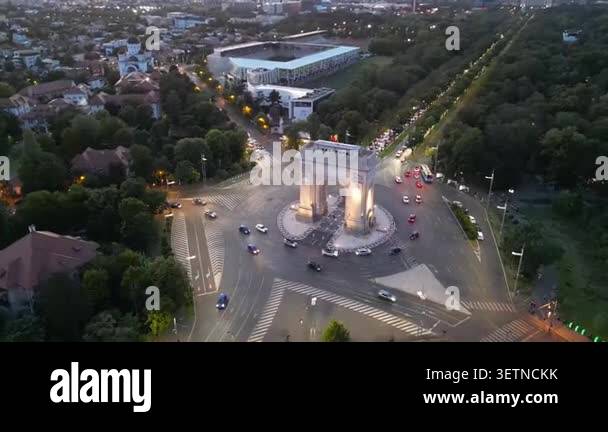 Bucharest, Romania, Arch of Triumph, night, illuminated, city lights ...