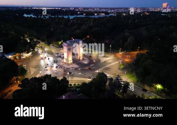 Bucharest, Romania, Arch of Triumph, night, illuminated, city lights ...