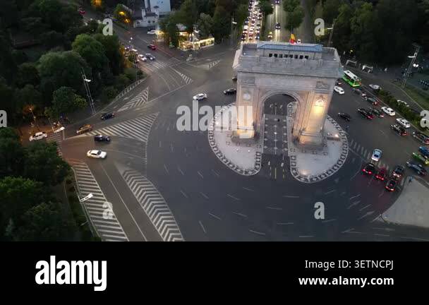 Bucharest, Romania, Arch of Triumph, night, illuminated, city lights ...