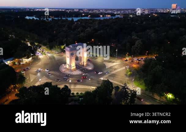 Bucharest, Romania, Arch of Triumph, night, illuminated, city lights ...