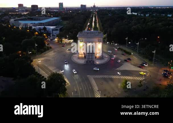 Bucharest, Romania, Arch of Triumph, night, illuminated, city lights ...