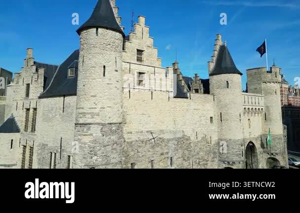 Aerial drone shot of Het Steen, a medieval fortress in the old city ...