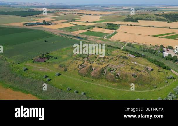 High angle view of the ancient Dinogetia romano-byzantine fortress ...